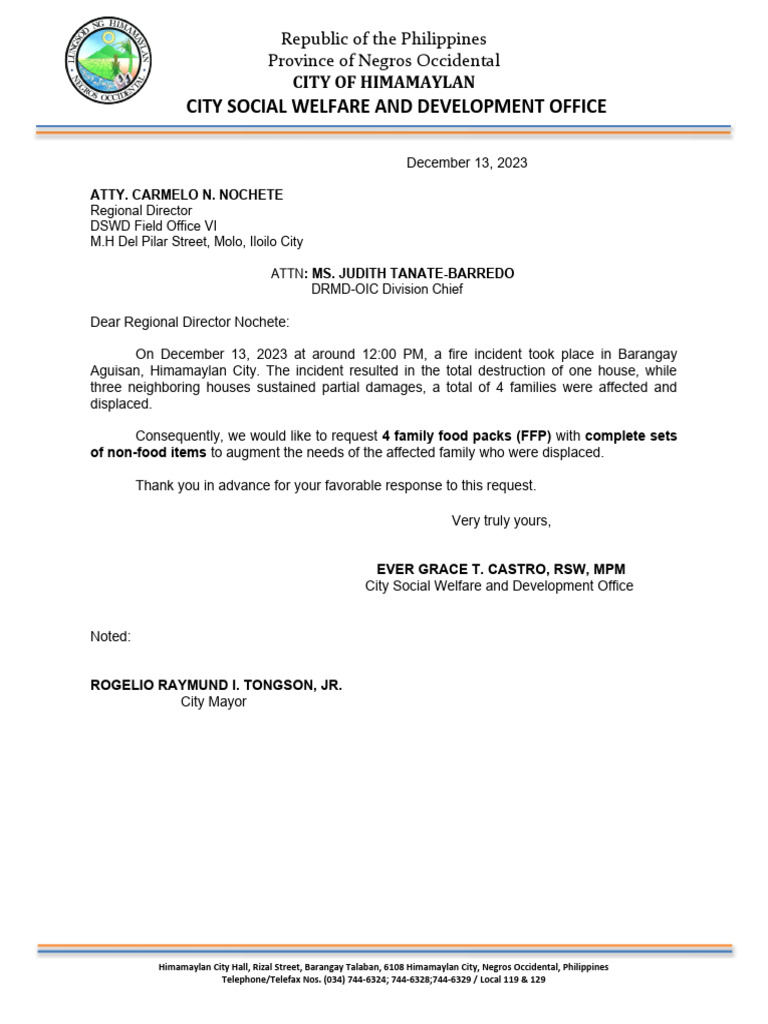 Request for Food Packs After Fire Incident | PDF