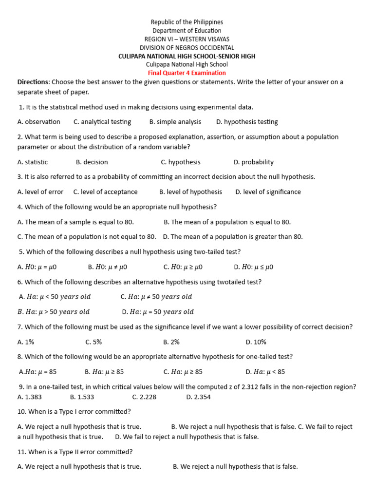 Stat. & Prob. 4th Q. | Download Free PDF | Statistical Hypothesis ...