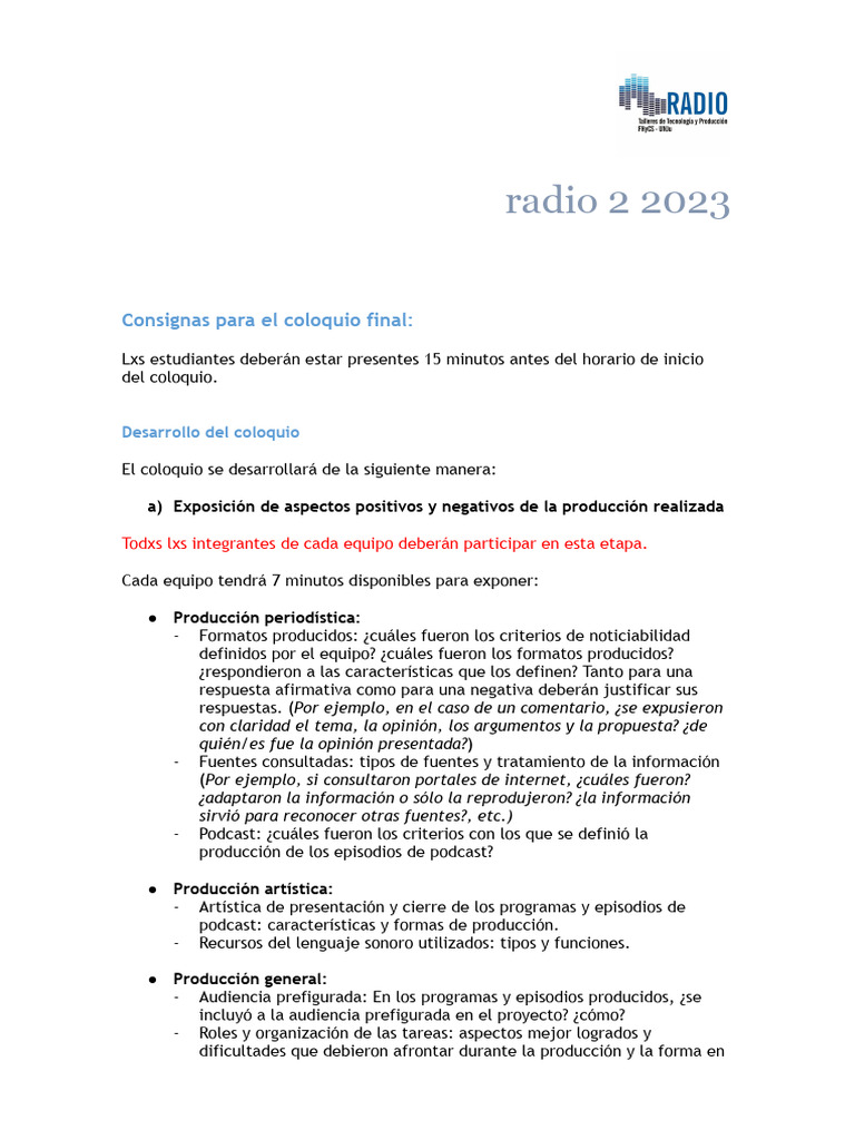 Pautas Coloquio Final Radio 2 2023 | PDF | Podcast | Radiodifusión