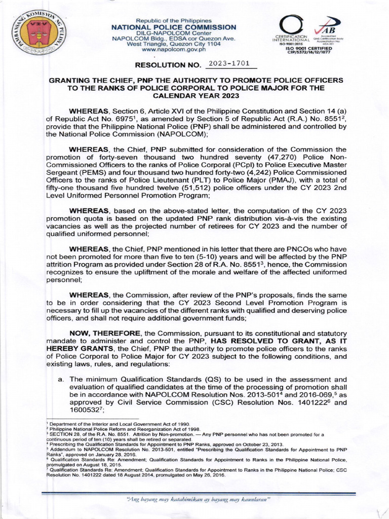 RES 2023-1701 Promotion Quota For CY 2023 | PDF | Corporal | Government