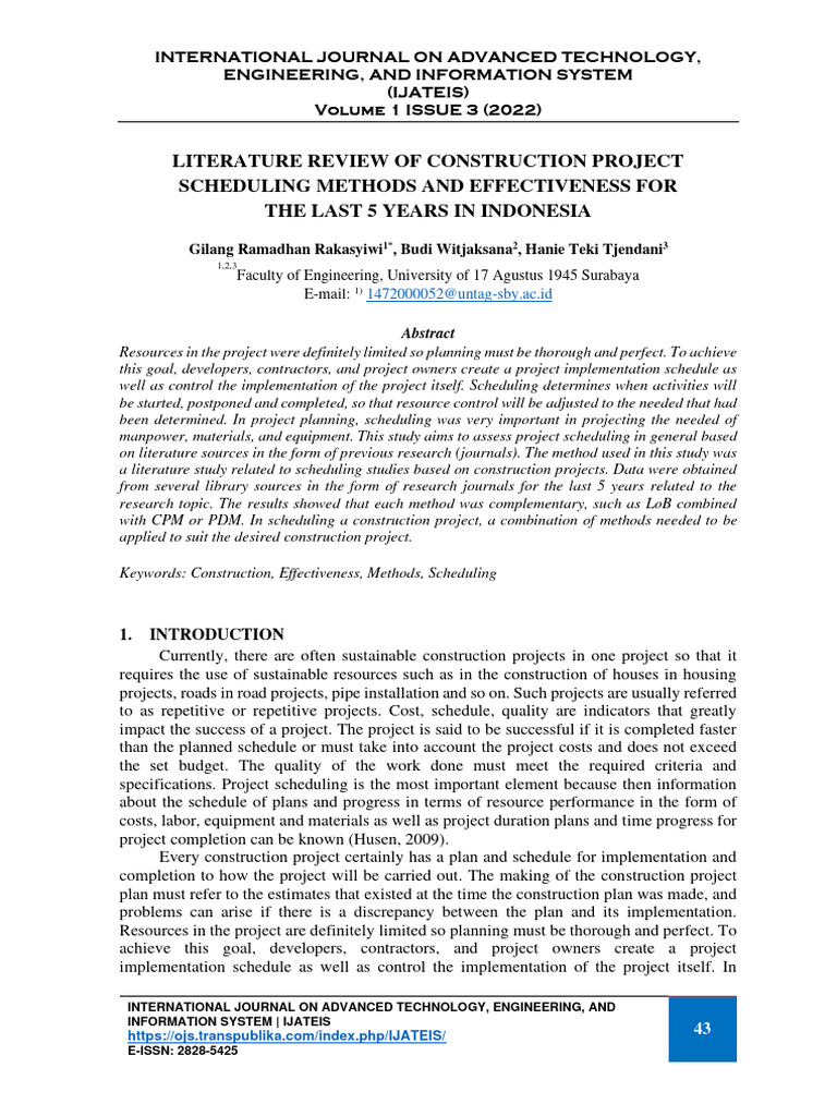 Literature Review of Construction Project Scheduling Methods and ...