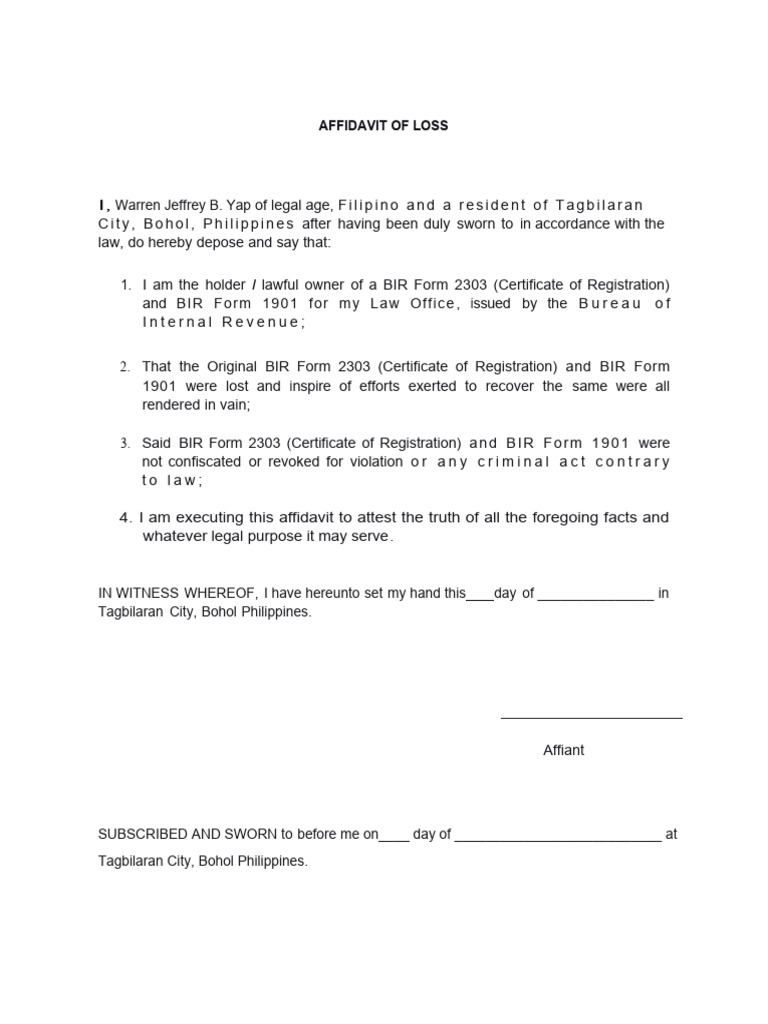 Affidavit of Loss (For BIR) | PDF | Politics | Social Science