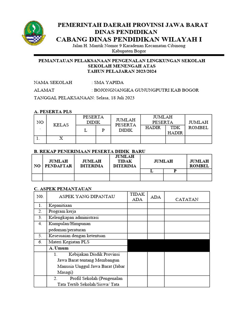Pemantauan PLS SMA Yapida 2023/2024 | PDF