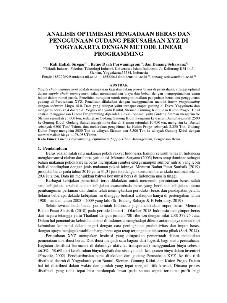 Analisis Optimasi Pengadaaan Beras Dan Penggunaan Gudang Perusahaan XYZ Di Yogyakarta Dengan ...