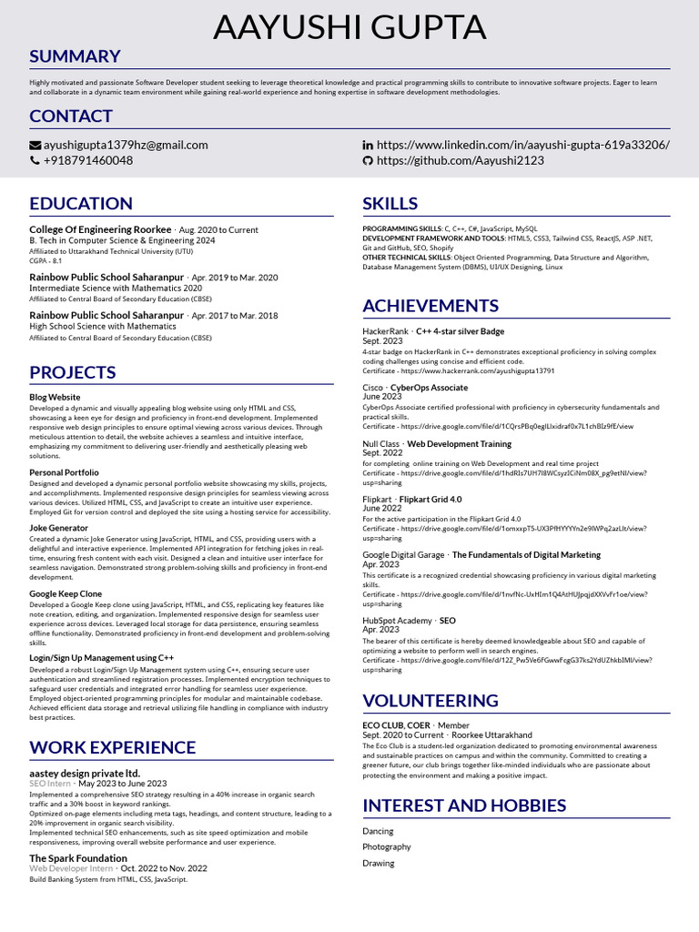 Aayushi Gupta Resume | PDF | Search Engine Optimization | World Wide Web