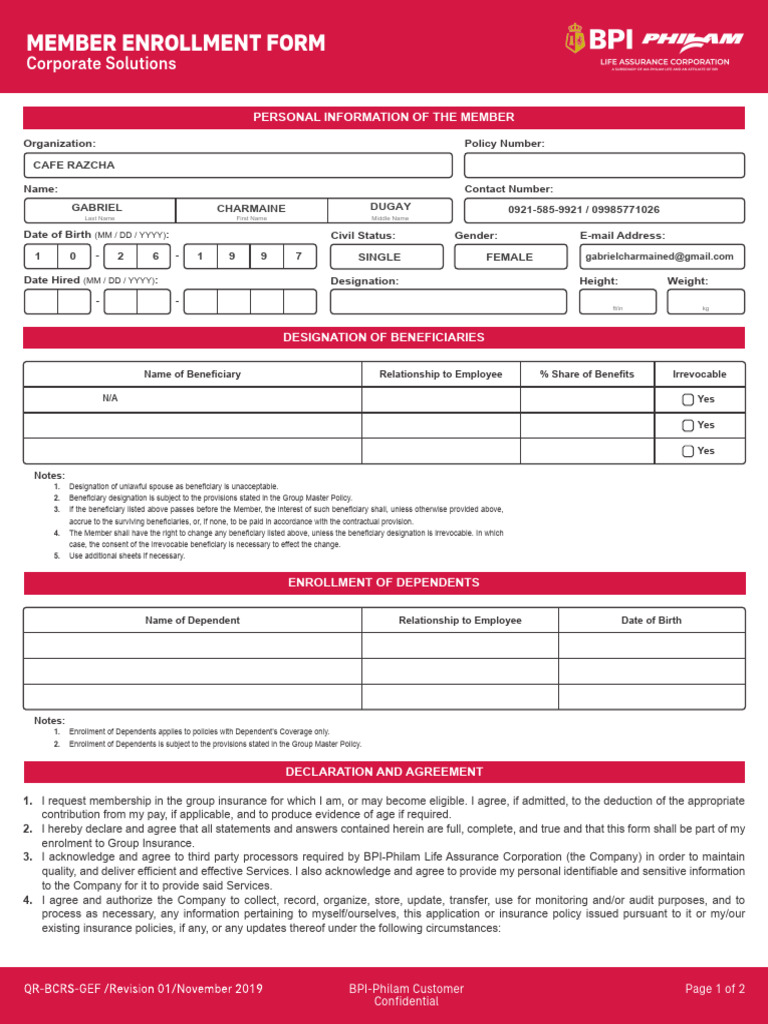 Sagicor Member Enrollment Form | PDF | Insurance | Life Insurance