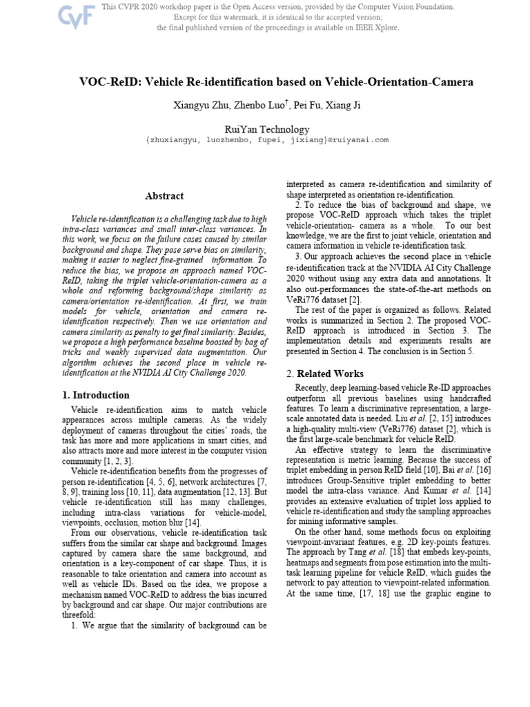 Zhu VOC-ReID Vehicle Re-Identification Based On Vehicle-Orientation-Camera CVPRW 2020 Paper ...
