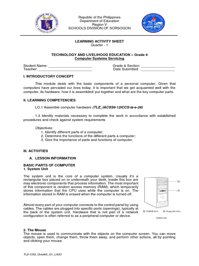 Tle-Css Grade9 q1 Las3 | PDF | Computer Monitor | Computer Keyboard
