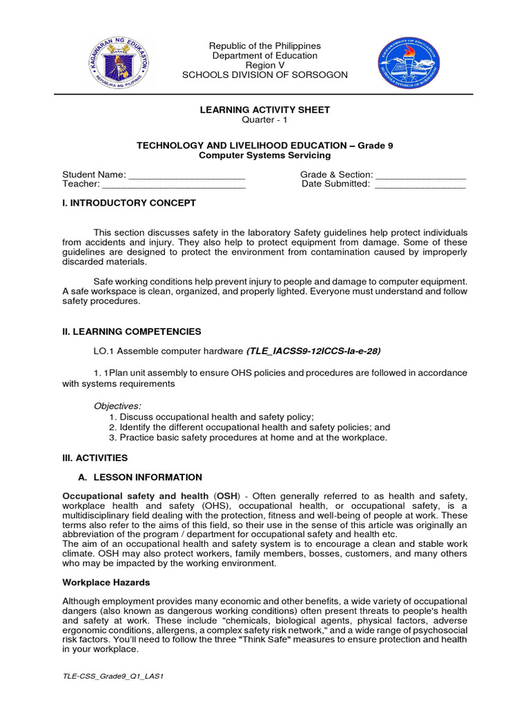 TLE-CSS Grade9 Q1 LAS1 | Download Free PDF | Hazards | Occupational ...