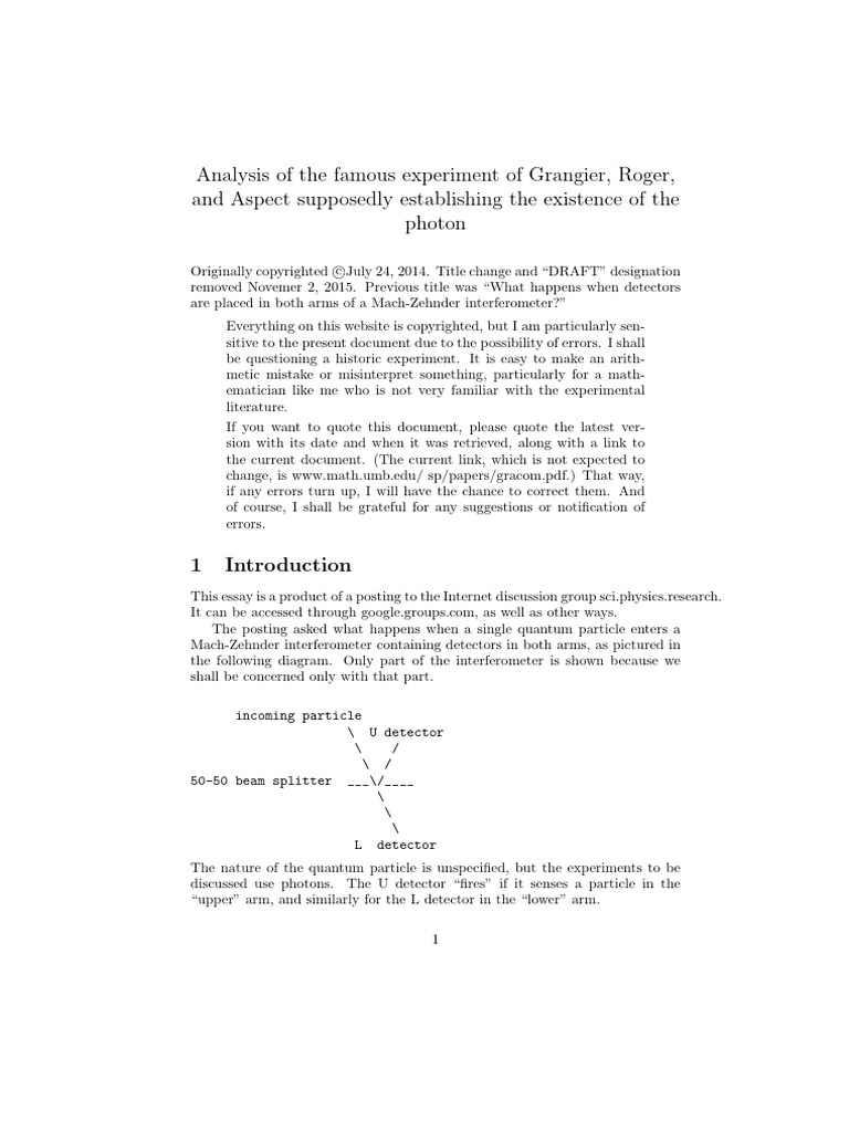 Analysis of The Famous Experiment of Grangier, Roger, and Aspect Supposedly Establishing The ...