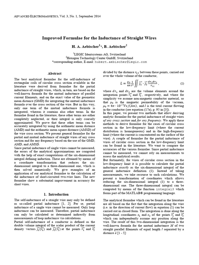 Aebischer Improved Formulae For The Inductance of Straight Wires | PDF ...