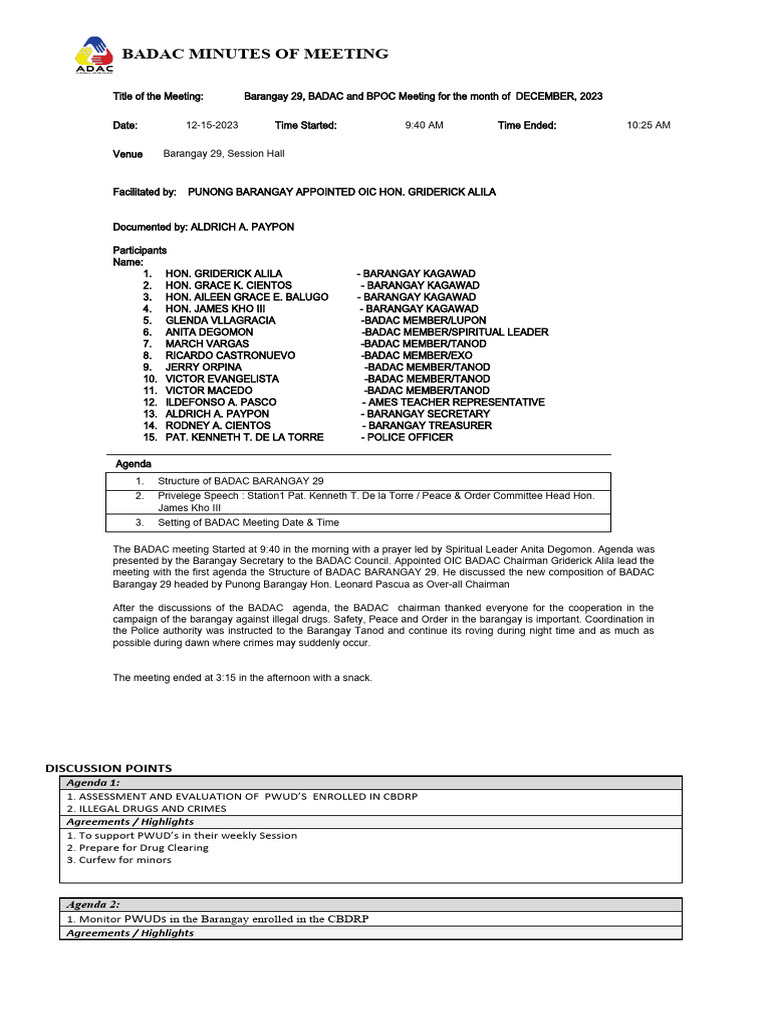 BADAC Minutes of Meeting January2024 | PDF | National Security | Crimes