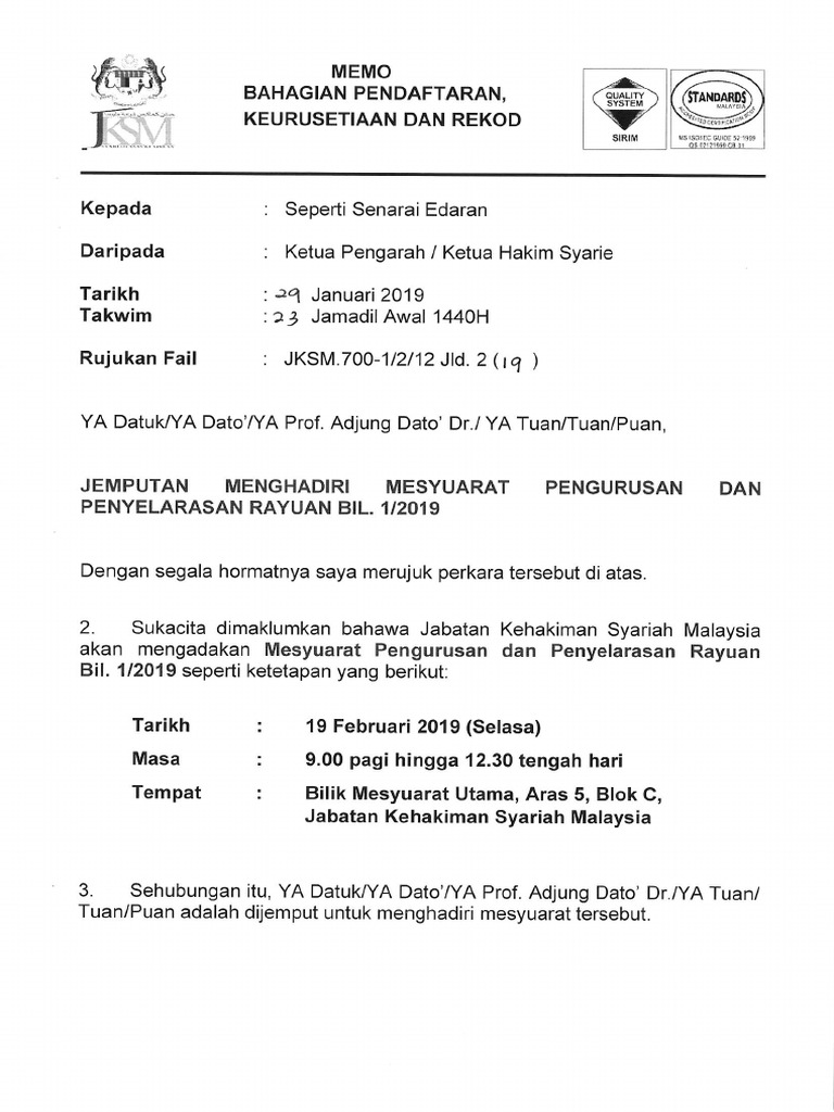 Memo Mesyuarat Pengurusan Dan Penyelarasan Rayuan Bil 1 2019 (2019 ...