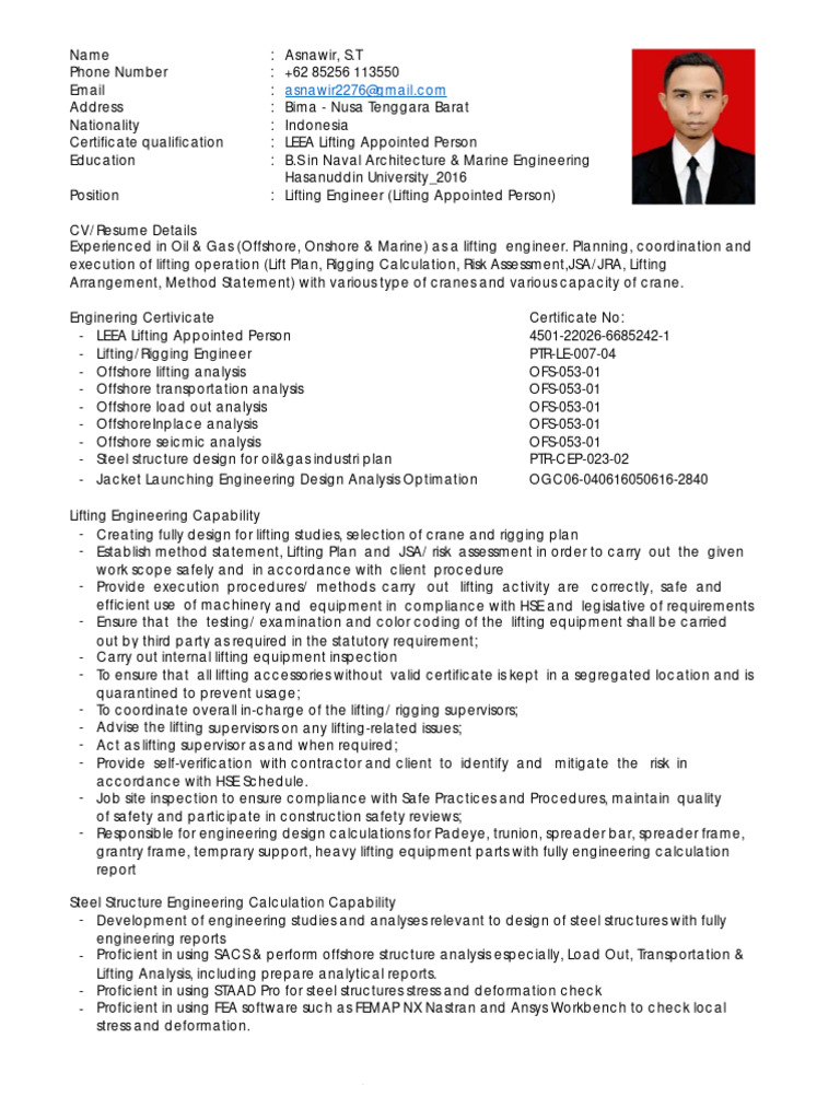 ASNAWIR - CV - Lifting Engineer | PDF | Crane (Machine) | Regulatory ...