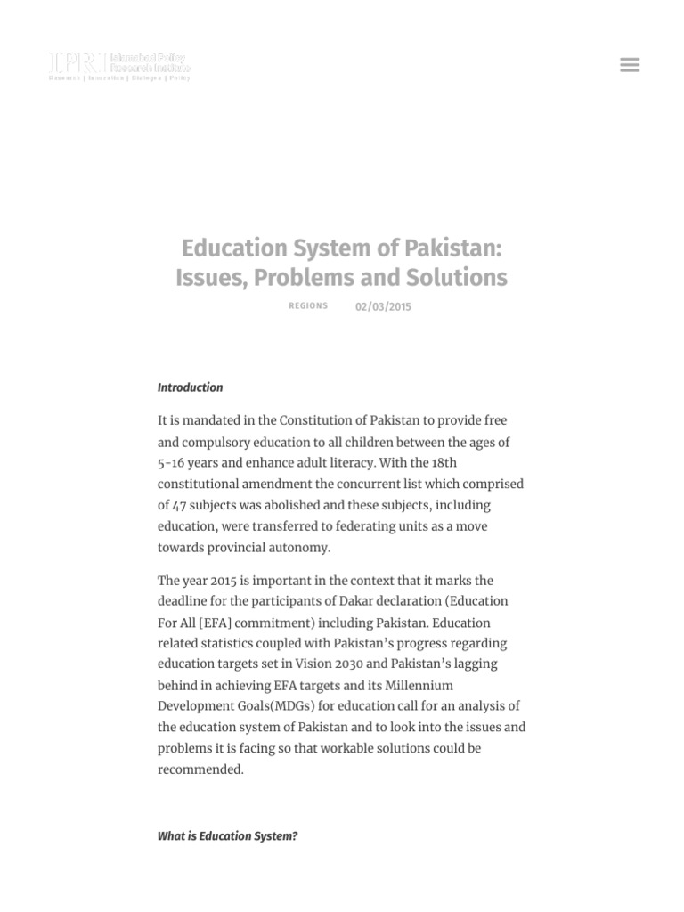 Education System Of Pakistan Issues Problems And Solutions Ipri