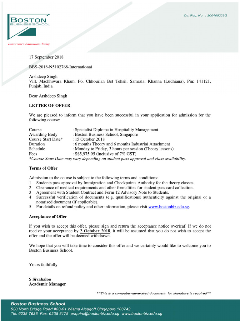 Boston Business School Offer Letter | PDF | Career & Growth | Business