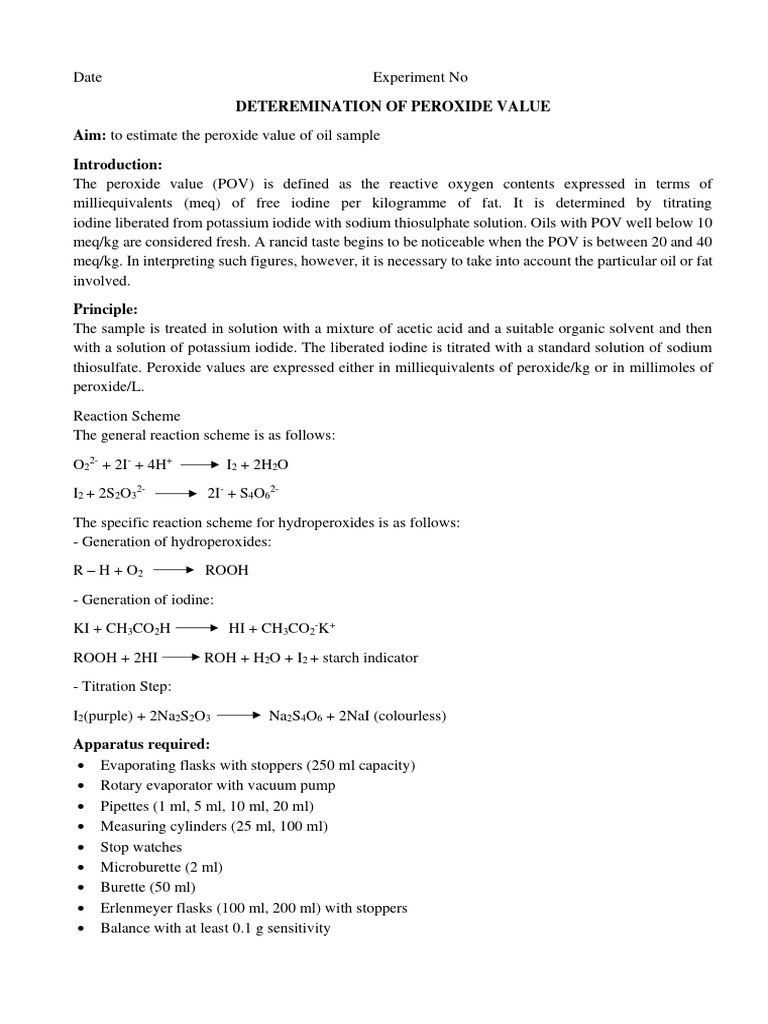 Deteremination of Peroxide Value | PDF | Titration | Chemistry