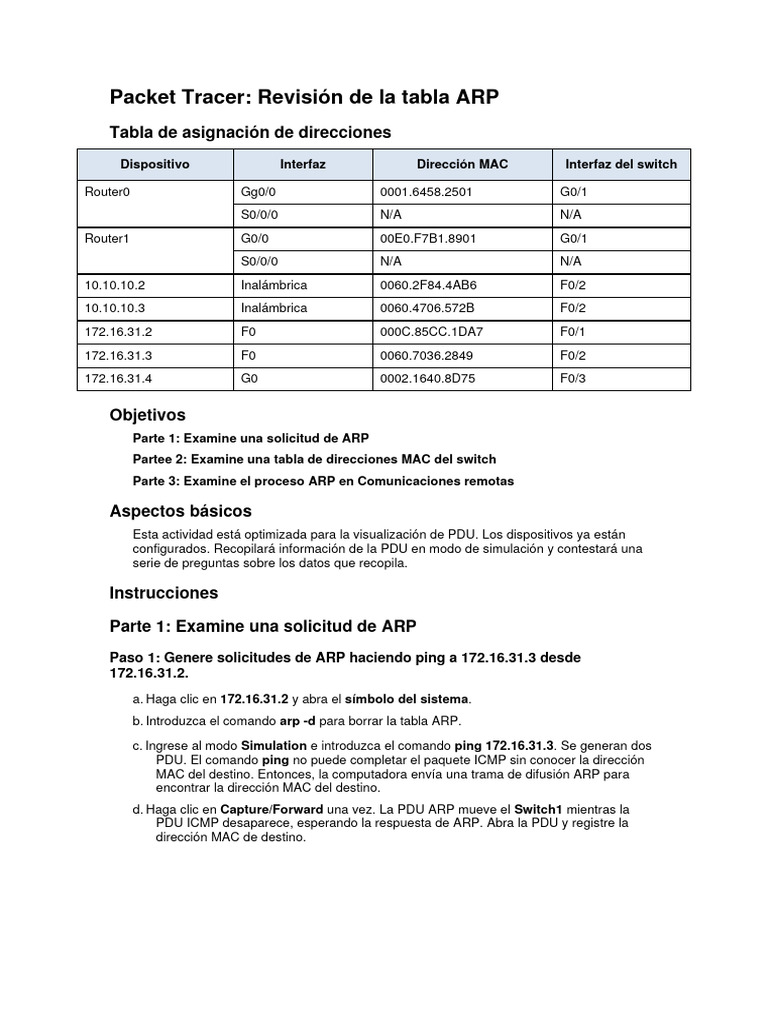 UF1 Act 10 Packet Tracer - Examinar La Tabla ARP | PDF