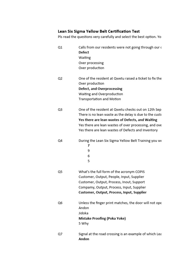 LSSYB Questionnaire | PDF | Six Sigma | Lean Manufacturing