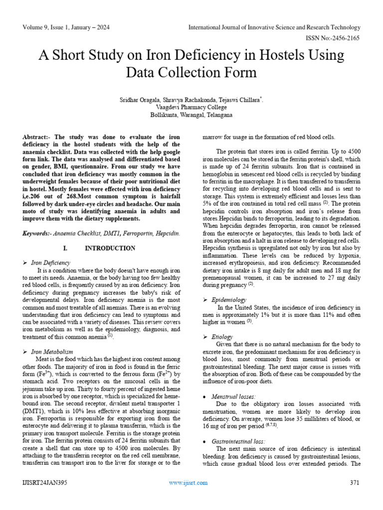 A Short Study On Iron Deficiency in Hostels Using Data Collection Form ...