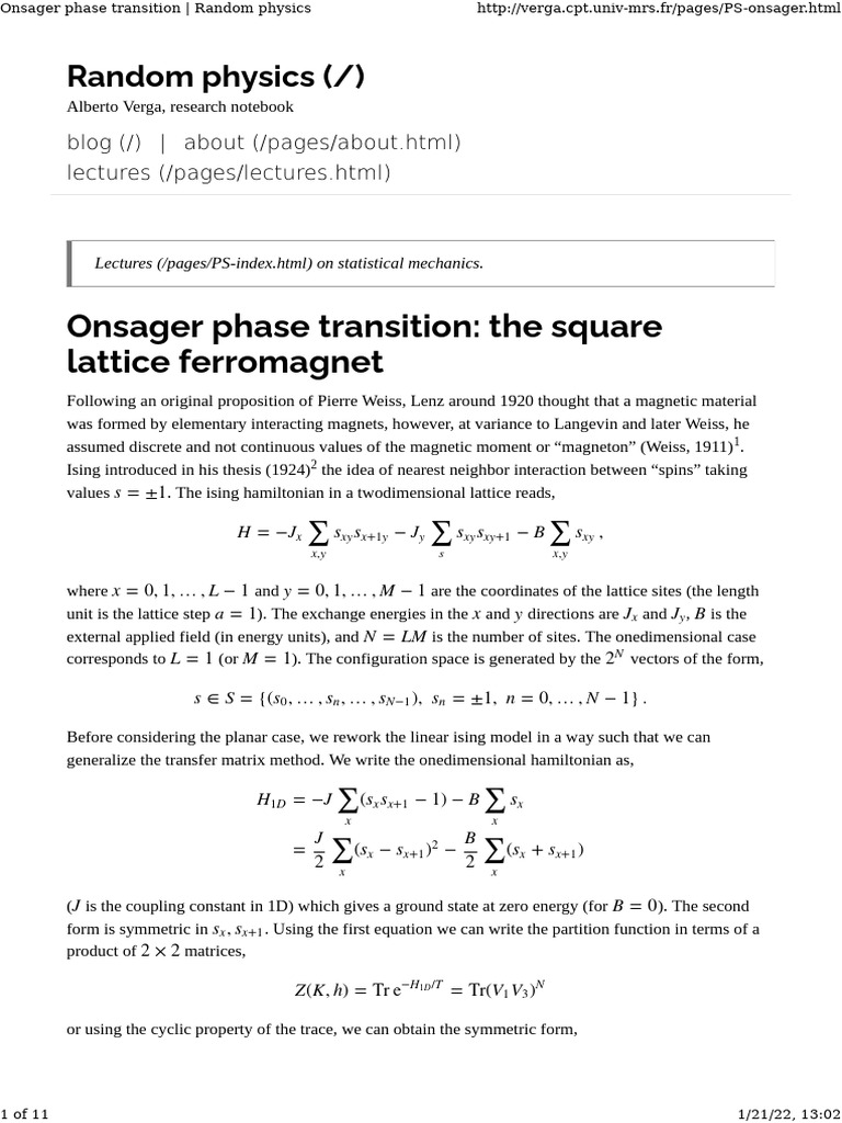 Onsager | PDF | Matrix (Mathematics) | Spin (Physics)