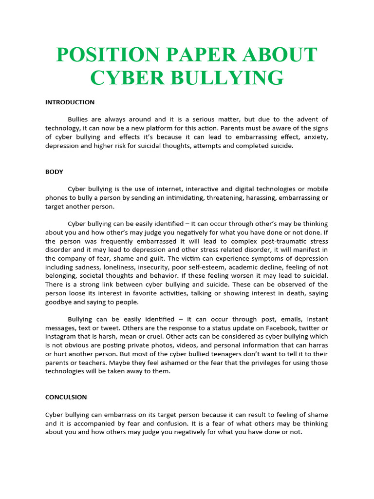 Position Paper About Cyber Bullying | PDF | Cyberbullying | Bullying