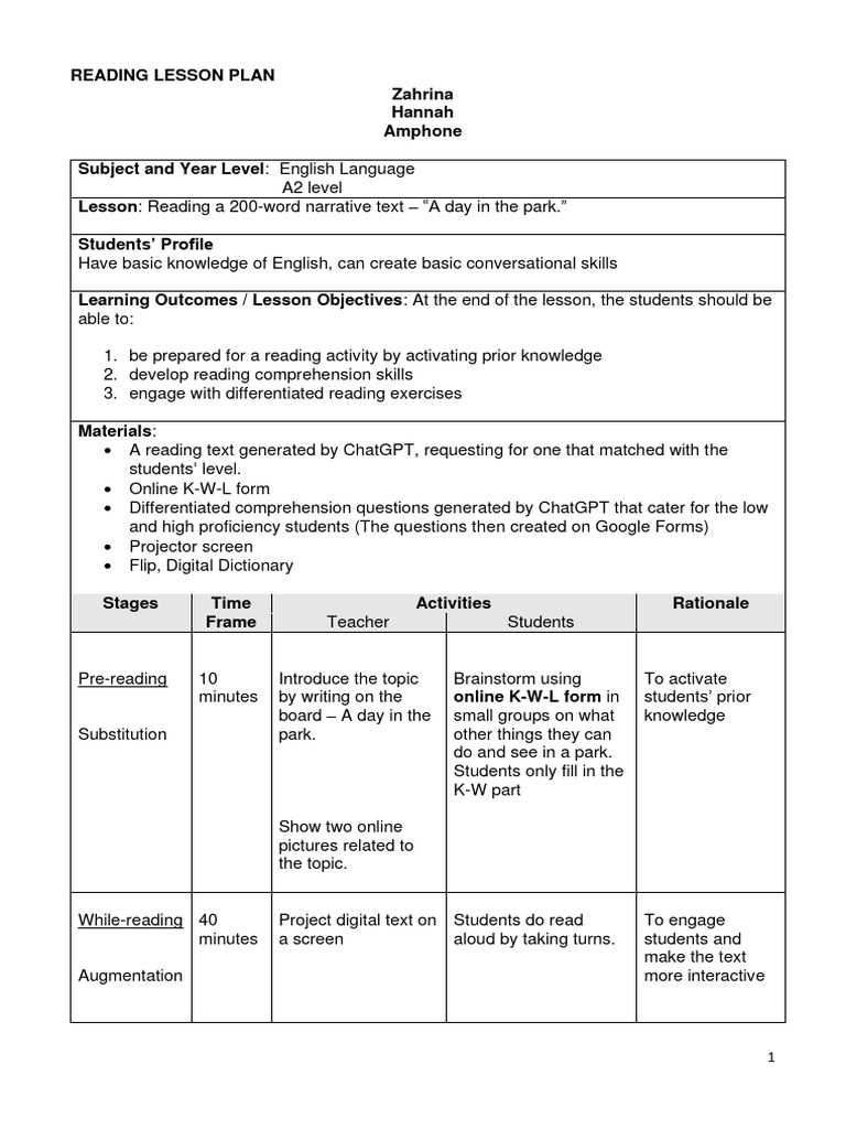 Reading Lesson Plan | PDF | Reading Comprehension | Cognitive Science