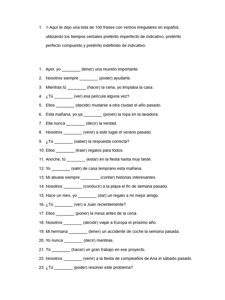 Frases Verbos Irregulares Pasado | PDF