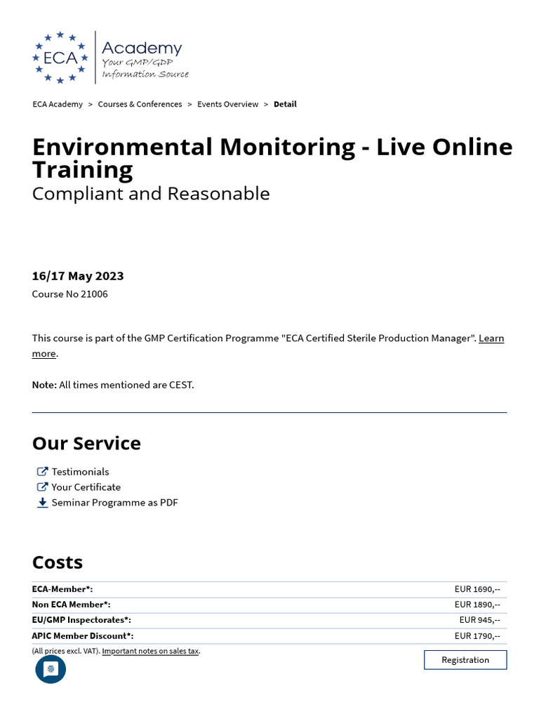 Environmental Monitoring - Live Online Training - ECA Academy May 2023 ...