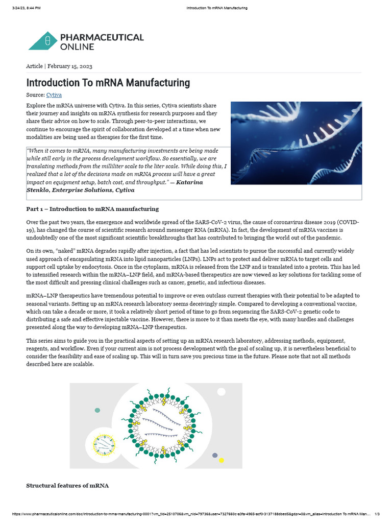 Introduction to MRNA Manufacturing | PDF | Messenger Rna | Translation ...