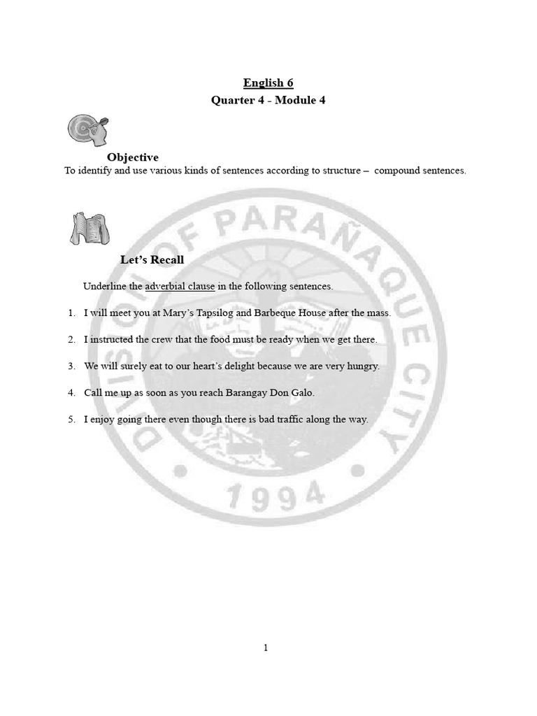 Eng 6 Quarter 4 Module 4 | PDF | Sentence (Linguistics) | Language ...