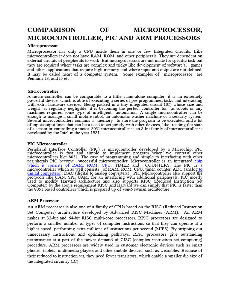 Comparison of Microprocessor, Microcontroller, Pic and Arm Processors | PDF | Microcontroller ...