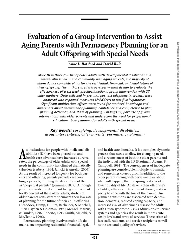 Evaluation of A Group Intervention To Assist Aging Parents With Permanency Planning For An Adult ...