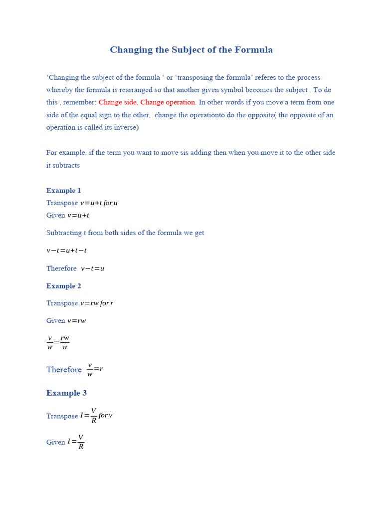 subject of the formula hand out | PDF