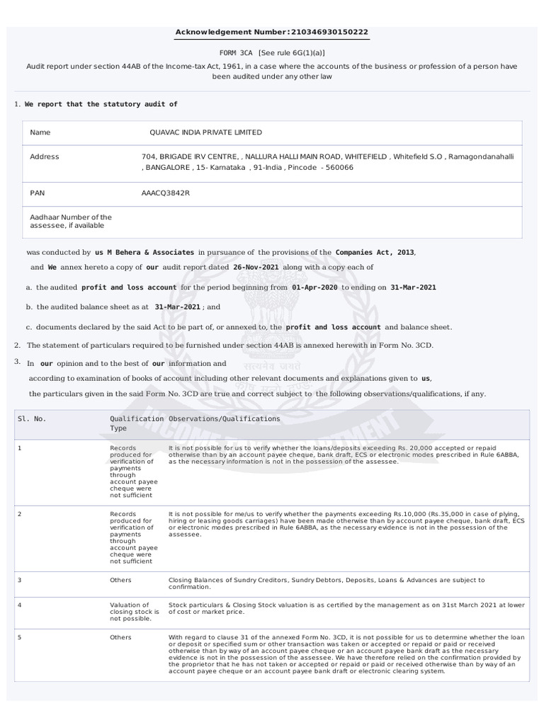 QIPL FY 2020-21 Form 3CA-3CD | PDF | Payments | Cheque