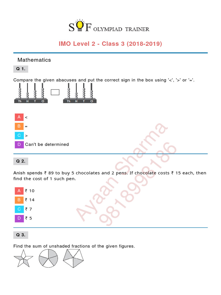 IMO Level 2 Class 3 Math Questions | PDF | Numbers | Mathematics