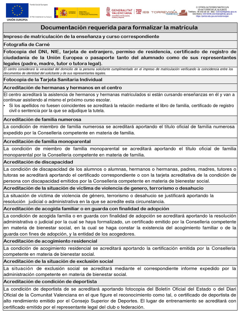 1.-DOCUMENTACIрN REQUERIDA PARA FORMALIZAR MATR╓CULA 23-24 | PDF | Gobierno y personalidad