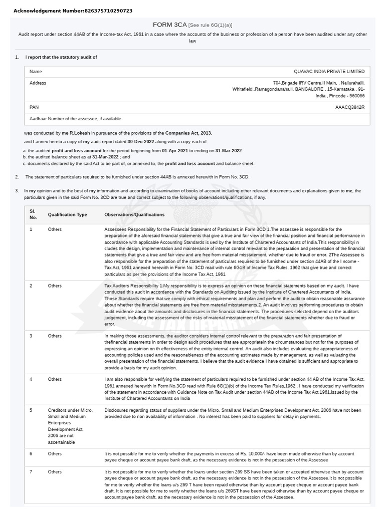 Qipl Fy 2021-22 Form 3ca-3cd | PDF | Financial Audit | Audit
