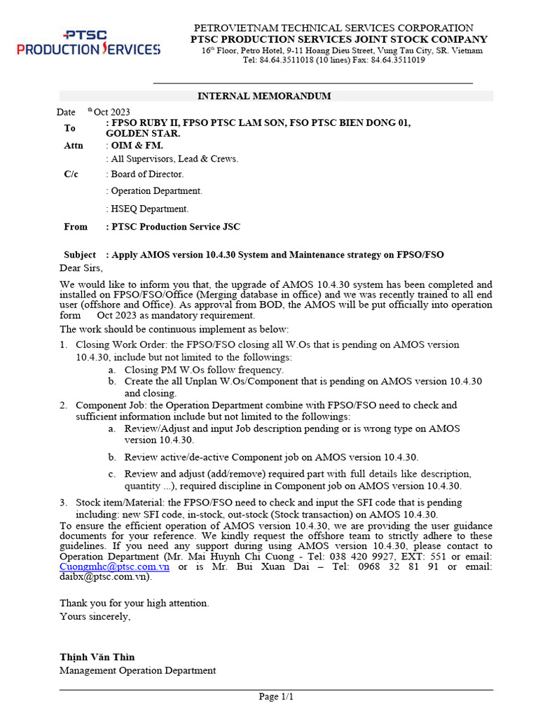 Internal Memorandum Apply AMOS Sytem and Maintenance Stratery (201004 ...
