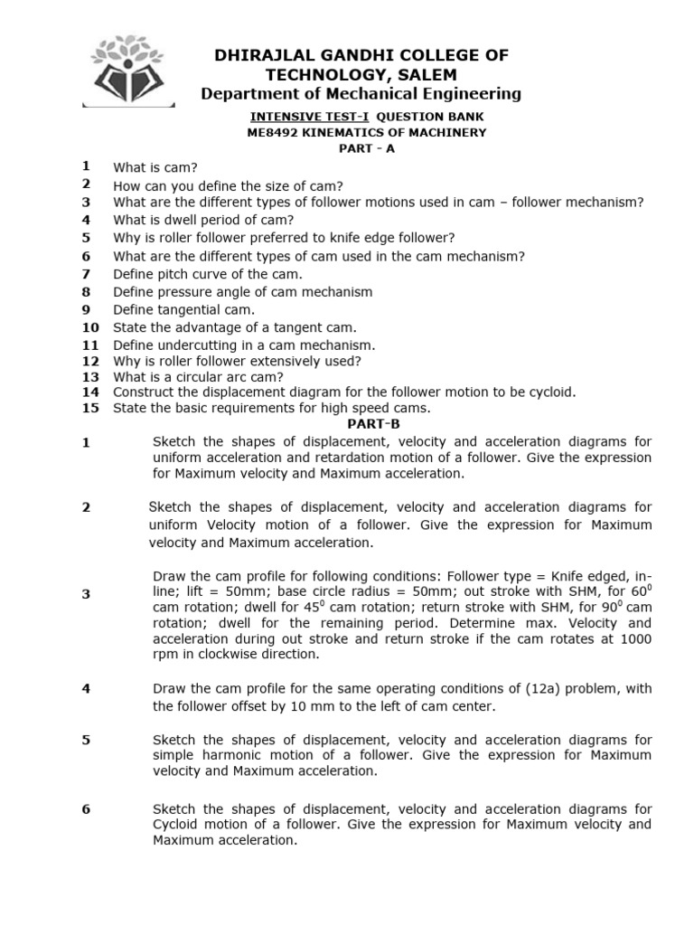 KOM Intensive Test 1 QUESTION BANK | PDF | Acceleration | Velocity
