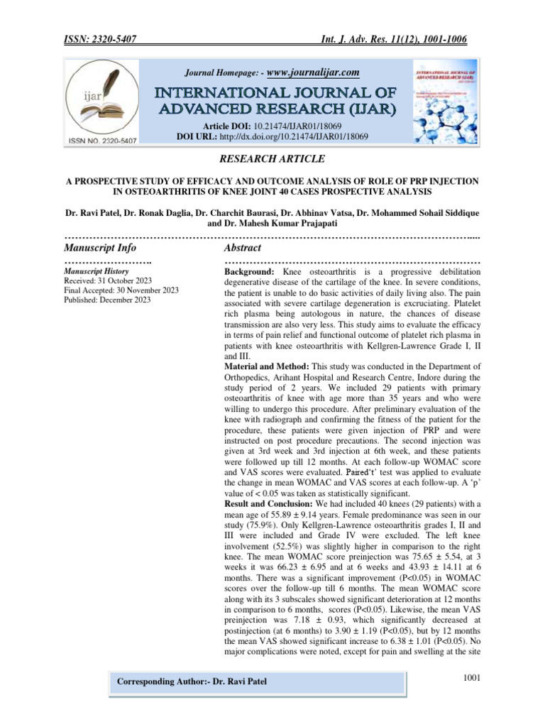 A PROSPECTIVE STUDY OF EFFICACY AND OUTCOME ANALYSIS OF ROLE OF PRP ...