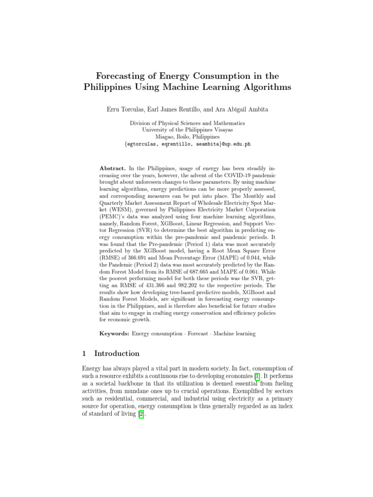 Forecasting Energy Consumption In The Philippines Using Machine