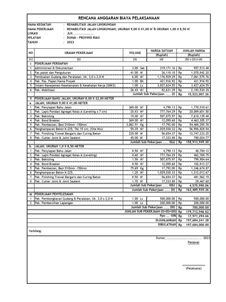 Contoh RAB JALAN 9x41 M & 1x9 M | PDF