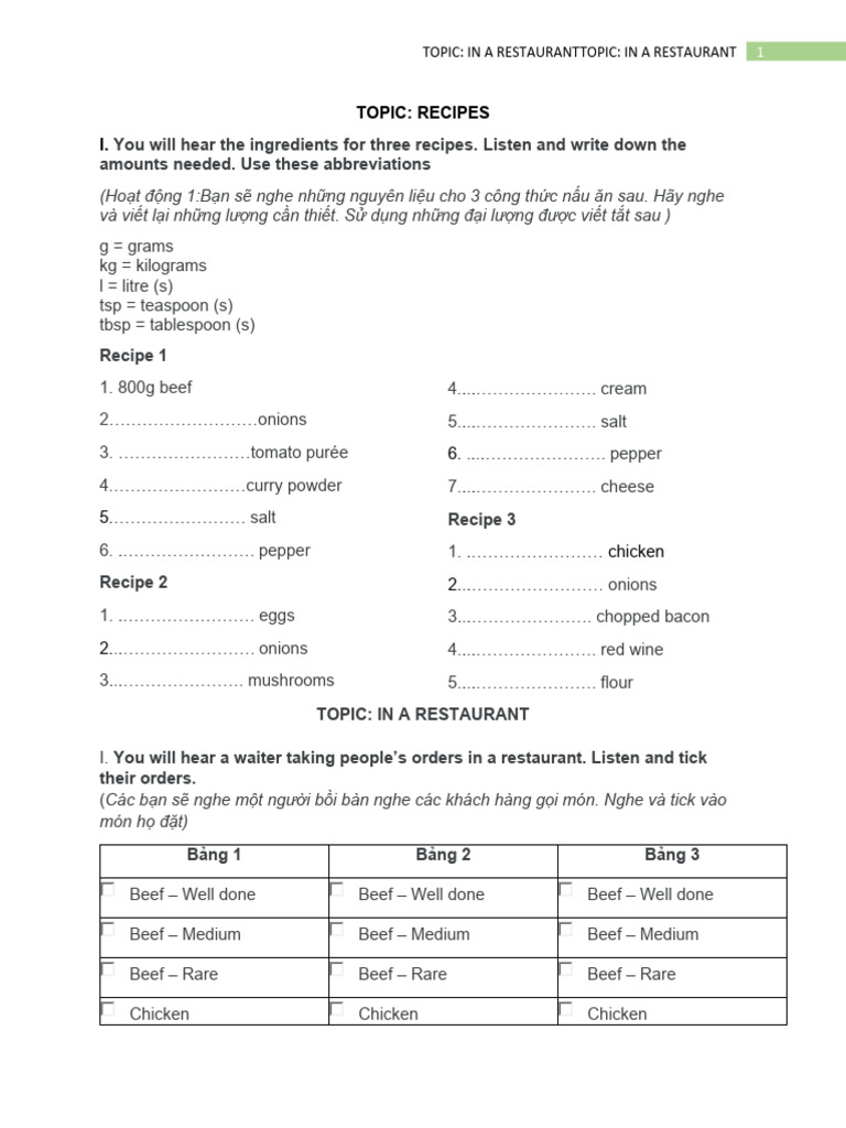UNIT 6. IN A RESTAURANT | PDF