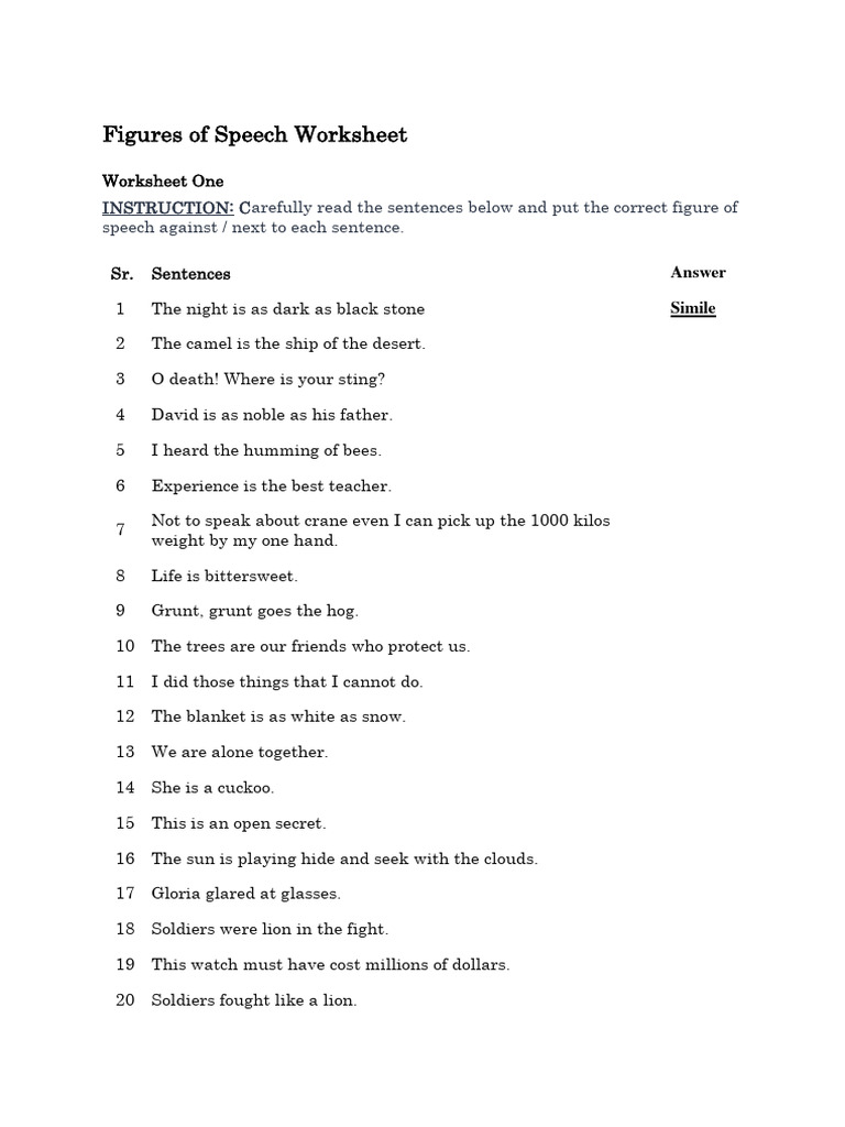 Figures of Speech Worksheets | Download Free PDF | Rhetoric ...