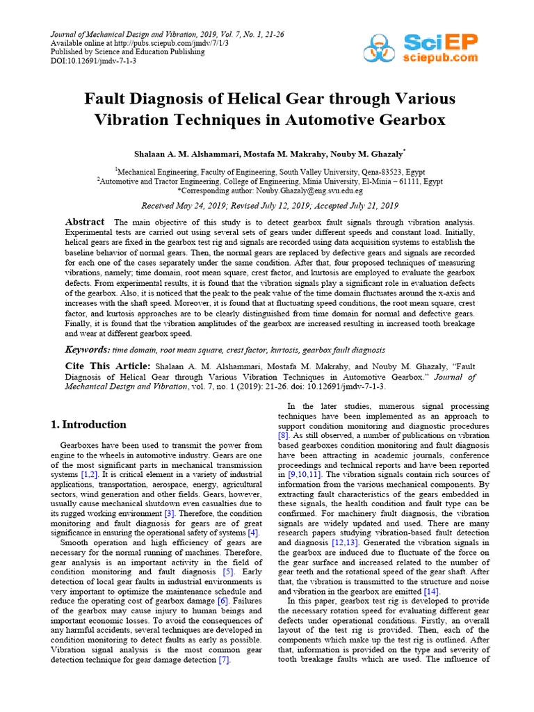 Fault Diagnosis of Helical Gear through Various Vibration Techniques in Automotive Gearbox | PDF ...