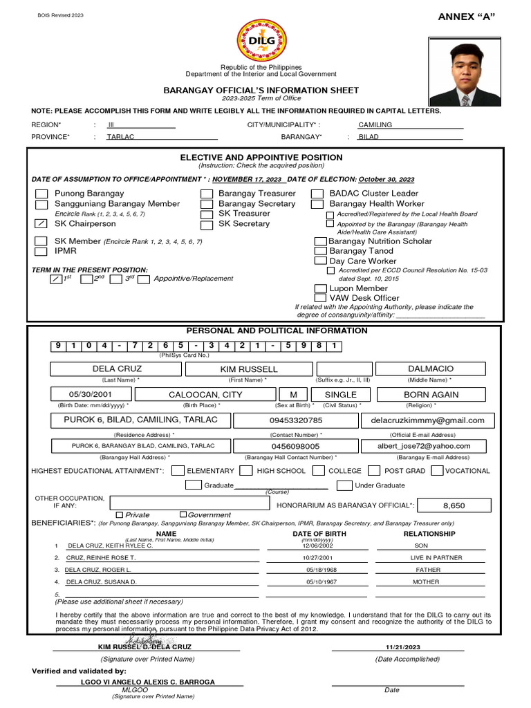 SK Information Sheet (Brgy Bilad) | Download Free PDF | Philippines
