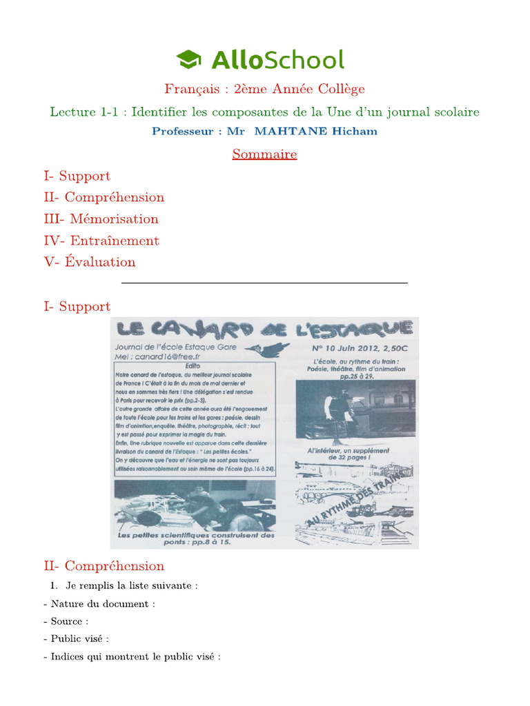 Lecture 1 1 Identifier Les Composantes de La Une d Un Journal Scolaire ...