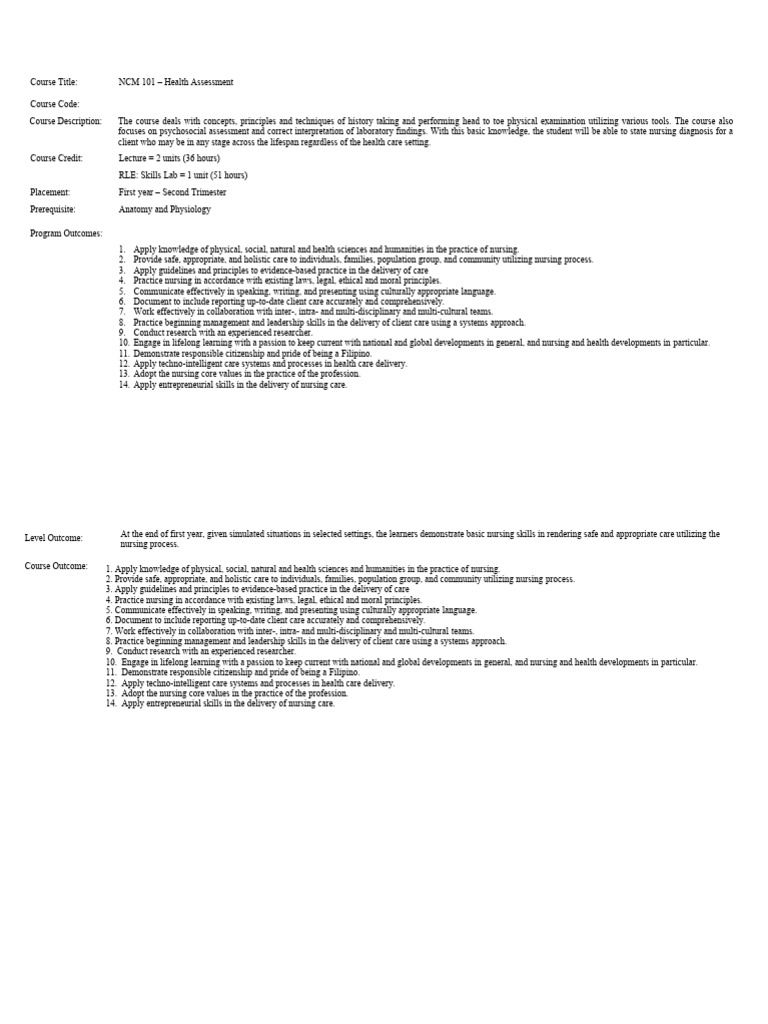 REVSED NCM 101 - Course Syllabus Health Assessment | PDF