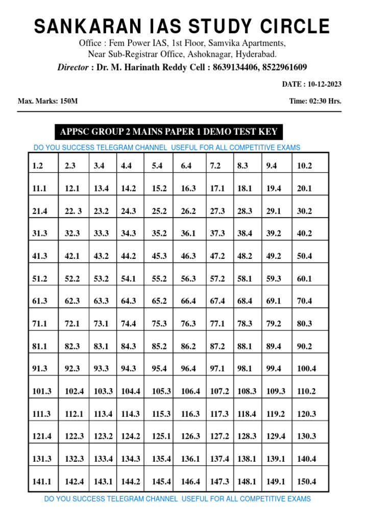 APPSC Group 2 Mains Paper 1 Key DO YOU SUCCESS TELEGRAM CHANNEL | PDF